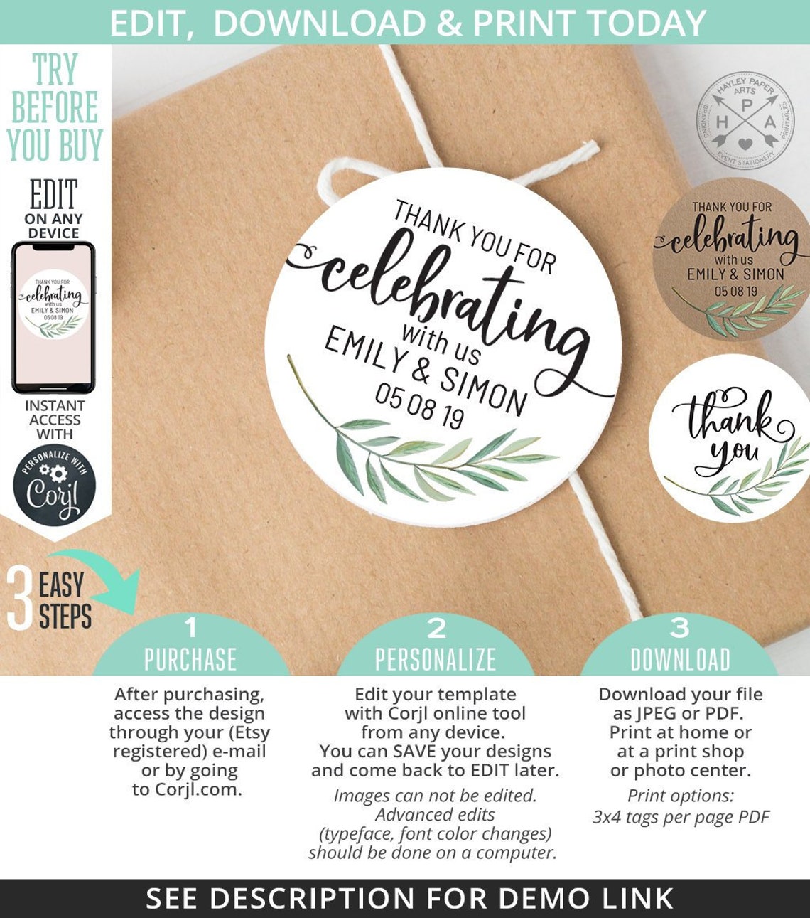 EDITABLE Favor Tag Thank You Round 2x2 Kraft Craft Eucalyptus Shower ...