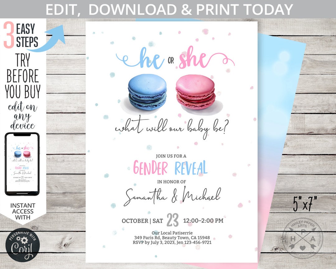 Macaron Gender Reveal Baby Shower Paris Pink Blue Macaroons Parisian ...