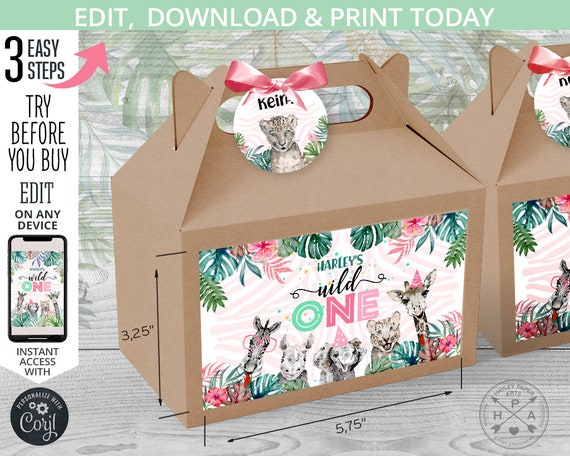 Jungle gable gift box labels. Handle favor takeway box tags. Safari ...