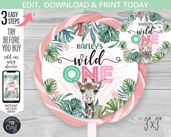 Jungle Wild One lollipop label sticker first 1st birthday safari ...