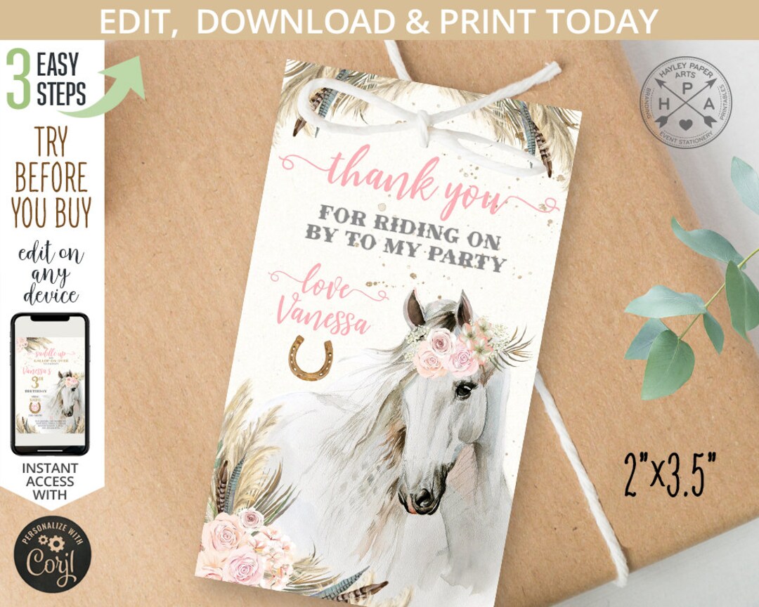 Horse Cowgirl Thank You Favor Gift Tag Girl Birthday Party Gallop on ...