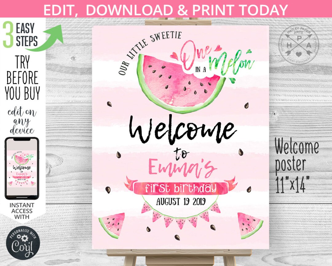 EDITABLE Watermelon Welcome Sign 1st First Birthday Party Poster 11x14 ...