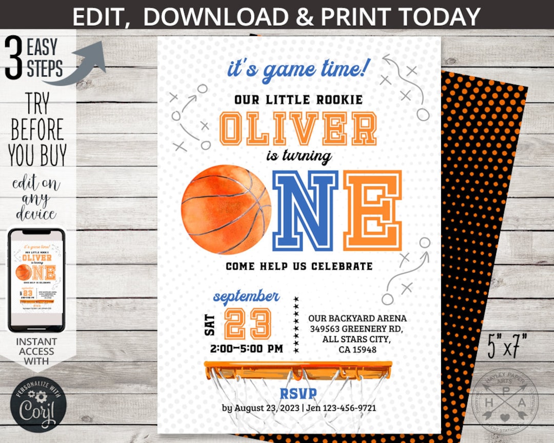 Basketball First Birthday Invitation ONE All Stars Sports Boy Party ...