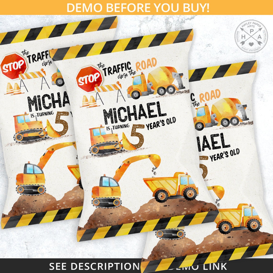 Construction Chip Bag, Chips Pouch Favors, Truck Traffic Road Cement ...