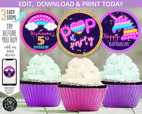 POP it cupcake toppers 2x2 fidget toys cake party neon glow decor ...