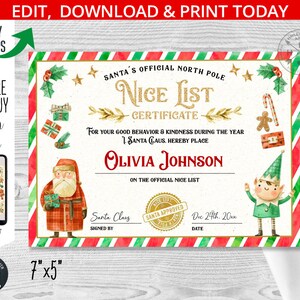 Nice List Certificate. Santa's Nice List Card. Good Behavior Christmas ...