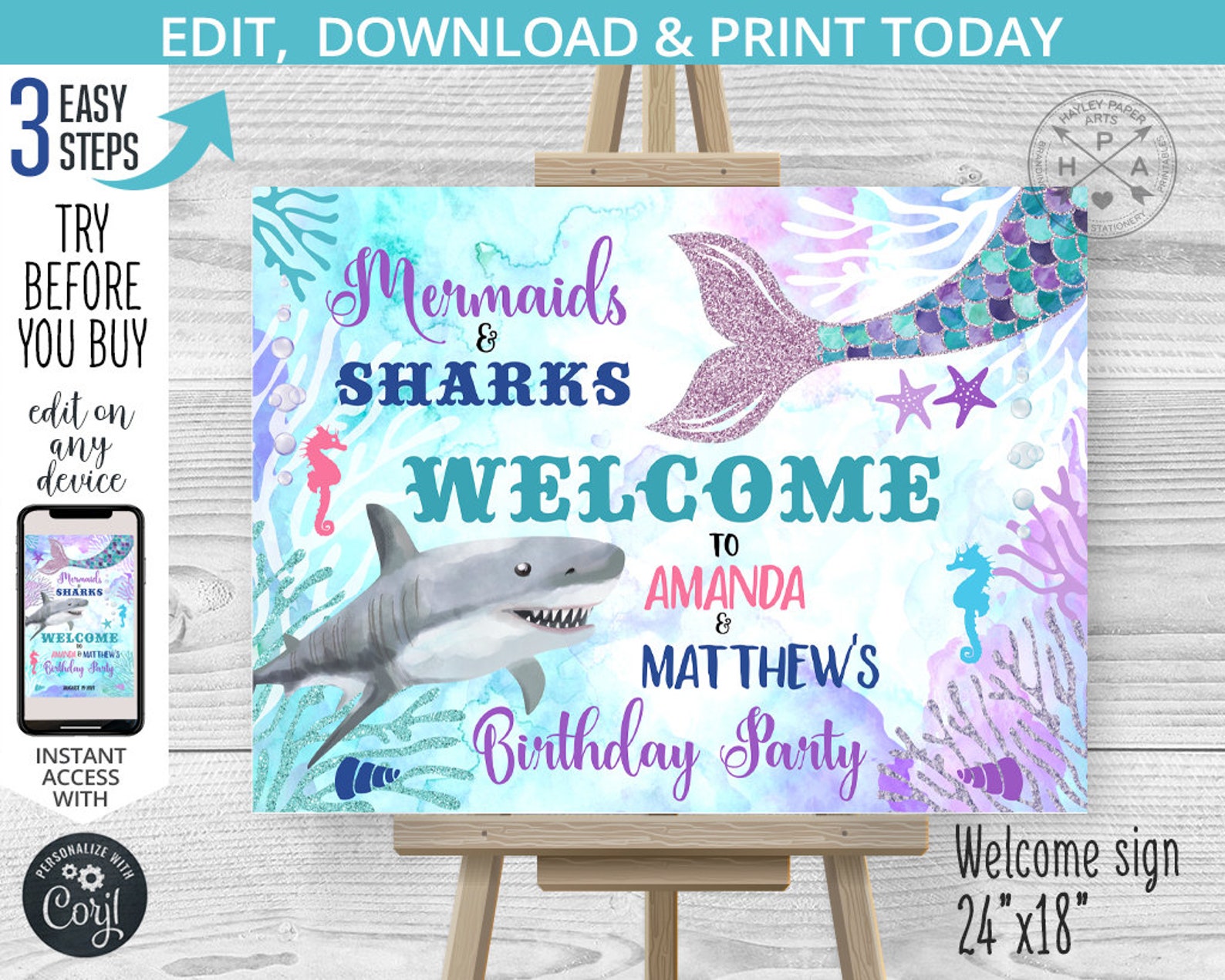Mermaids and Sharks Welcome Sign Any Age Birthday. Under the Sea Party ...
