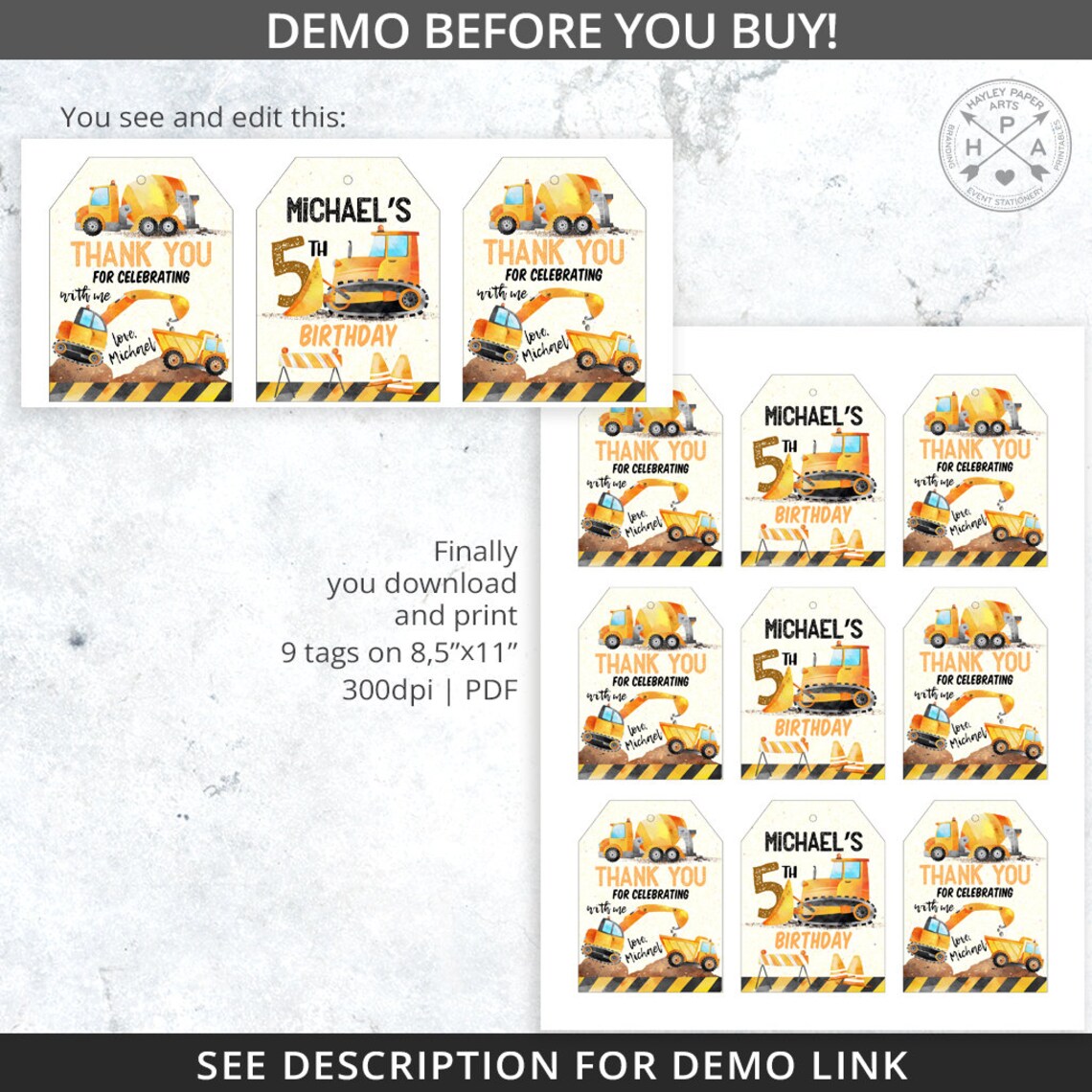 Construction Tag Favor Thank You Gift Label Birthday Favour - Etsy