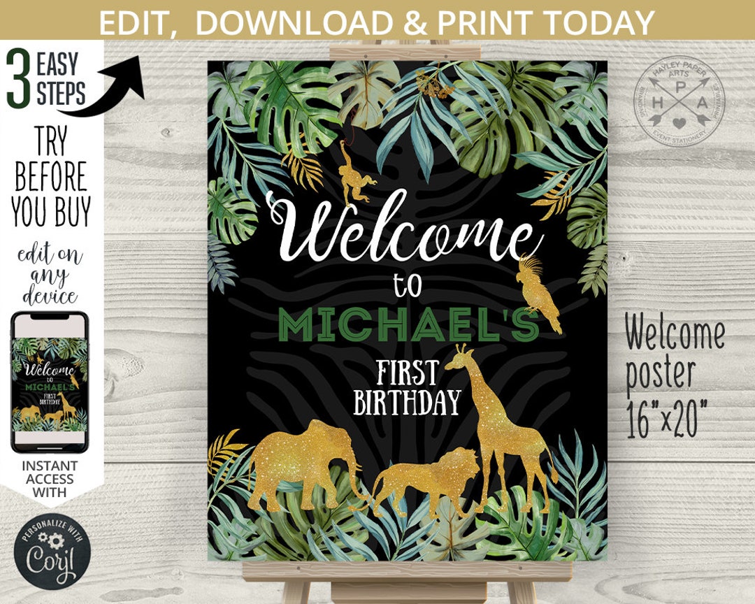 Jungle Welcome Sign 1st First Birthday Safari Animals Black Wild One ...