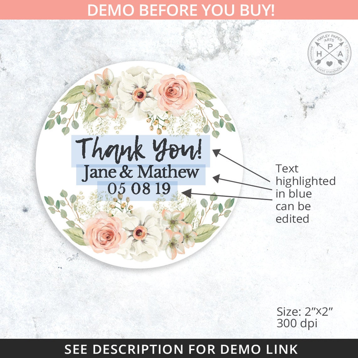 EDITABLE Floral Thank You Round 2x2 Gift Tag Anemone Eucalyptus Shower ...