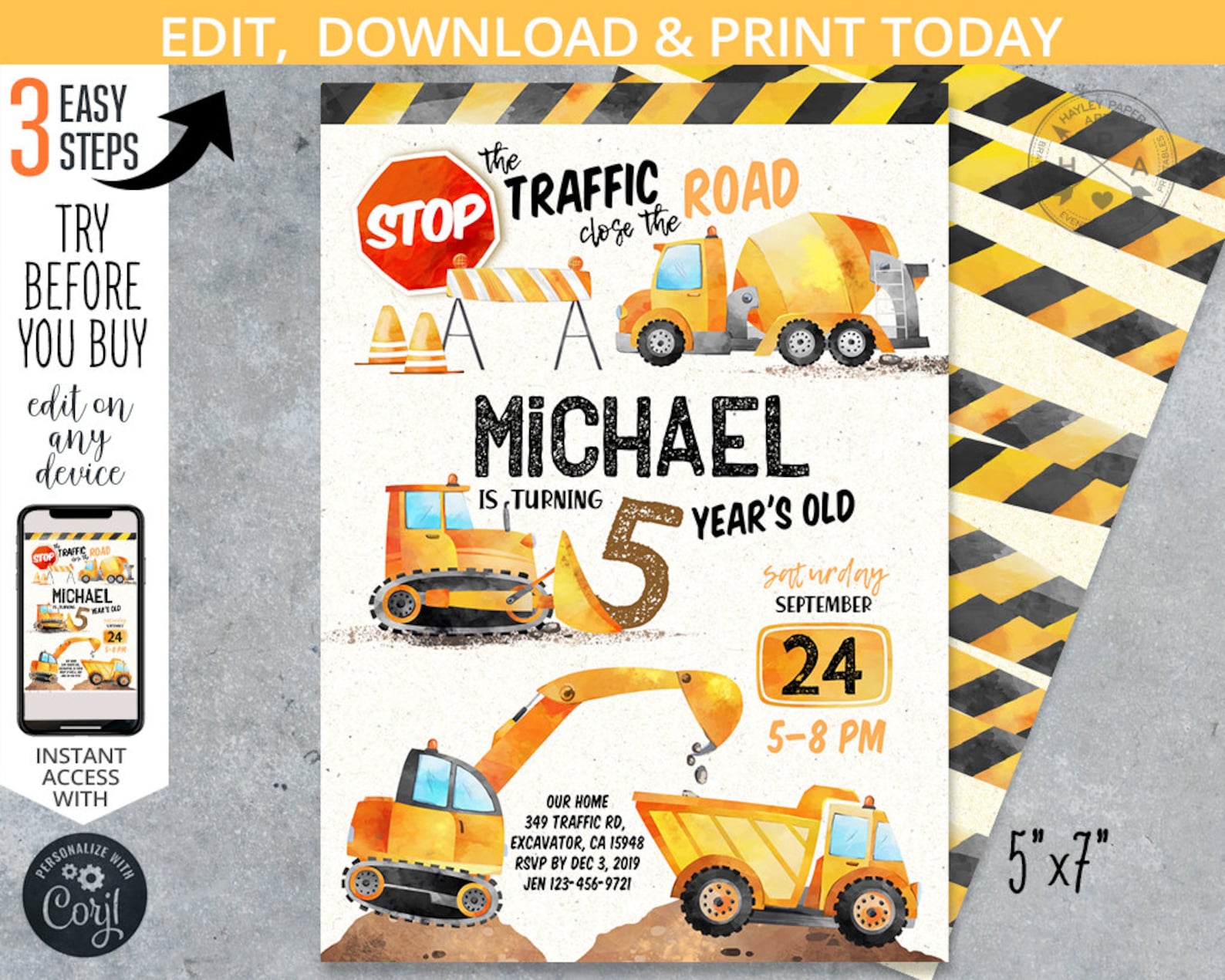 Construction Birthday Invitation, Truck Traffic Road Yellow Black ...
