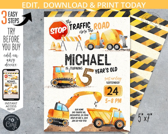Construction birthday invitation, truck traffic road yellow black ...