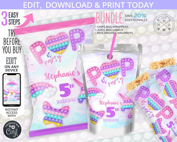 BUNDLE Pop it fidget toys chips bag, juice bags, rice krispies wrappers ...