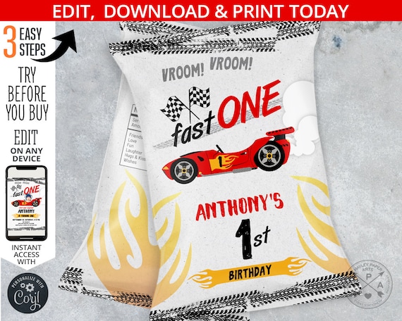 Car race fast one birthday chips bag 1st birthday, racing car first ...