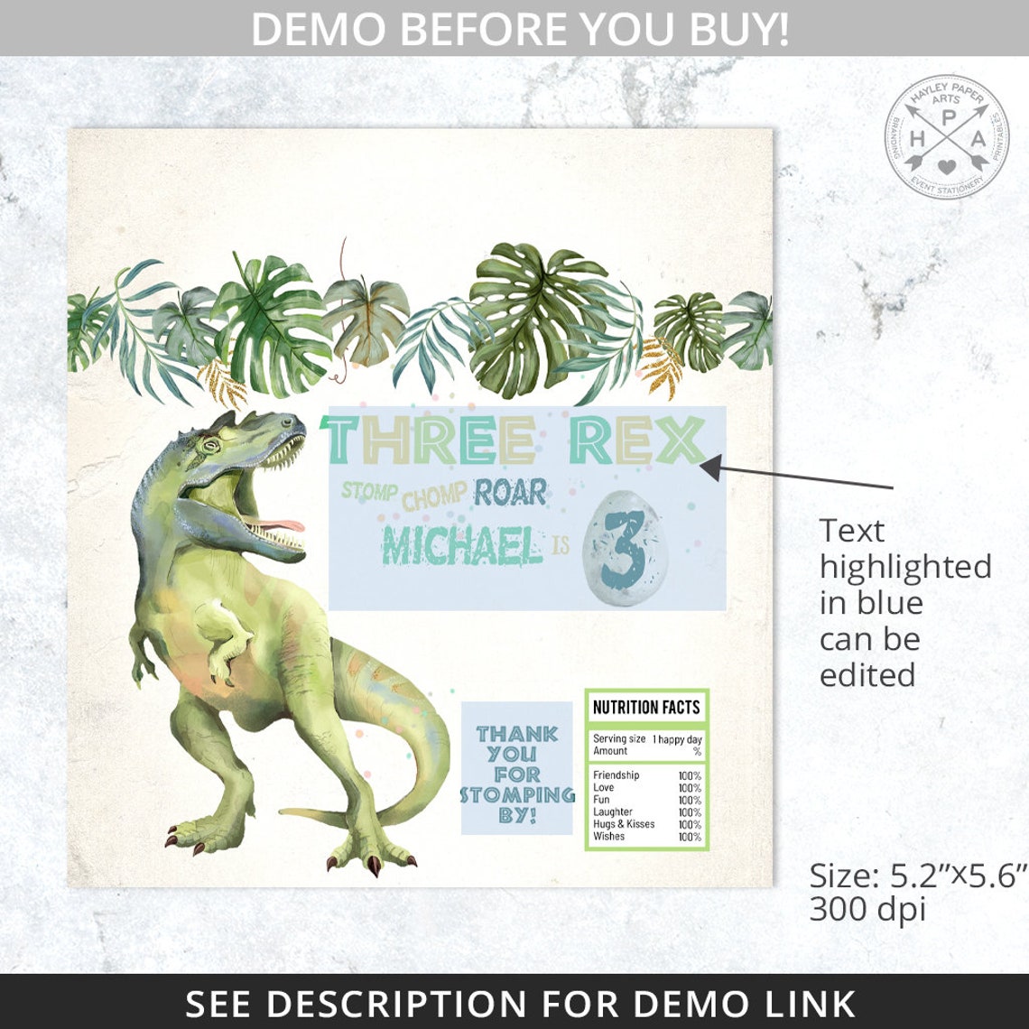 Three Rex Dinosaur Chocolate Candy Bar Wrapper Labels Dino T-rex ...