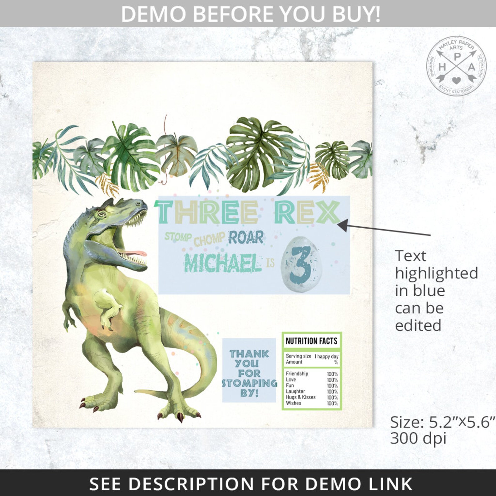 Three Rex Dinosaur Chocolate Candy Bar Wrapper Labels Dino T-rex ...