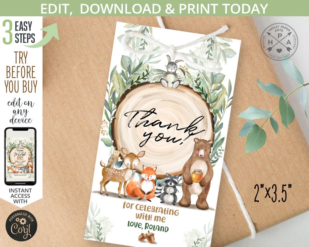 Woodland Thank You Favor Gift Tag First ONE Forest Animals Boy Girl ...