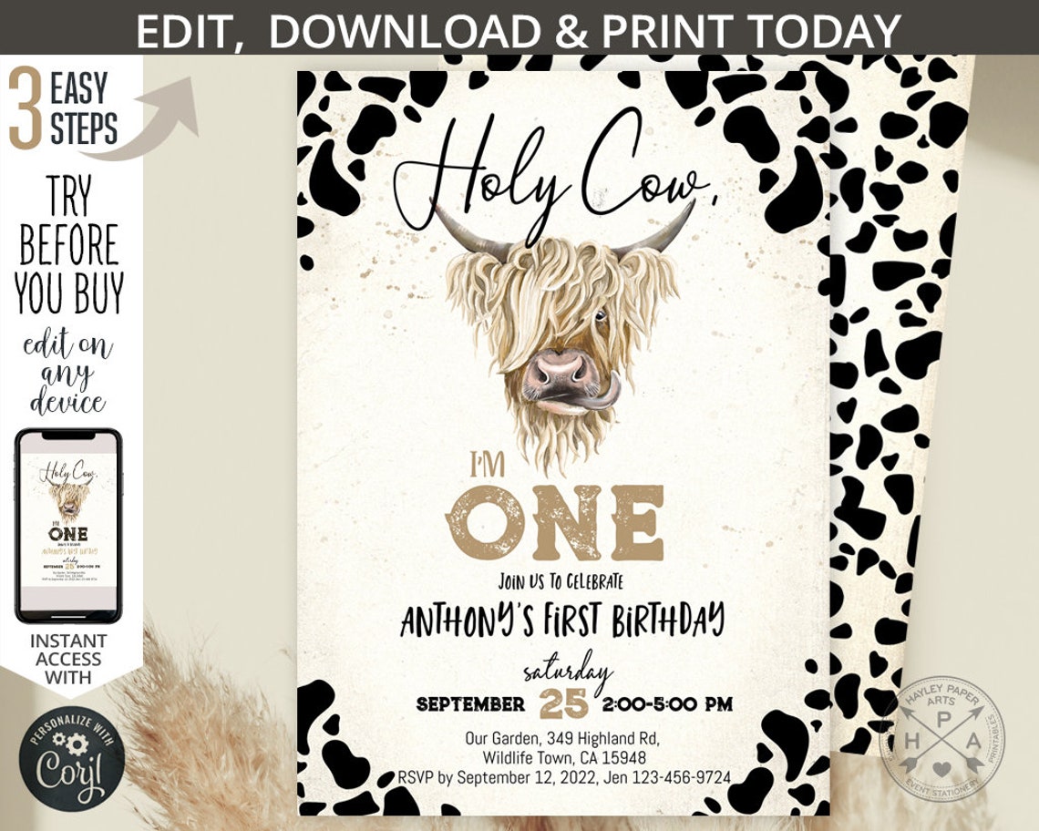 Holy Cow Birthday Invitation I'm One Highland Cow Ranch Farm Boy Brown ...