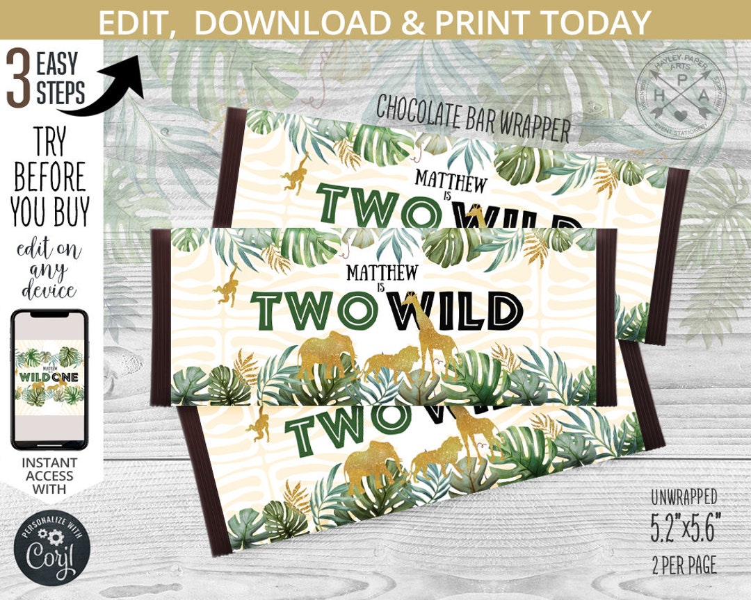 Jungle Animals Two Wild Chocolate Bar Candy Wrapper Safari Birthday ...