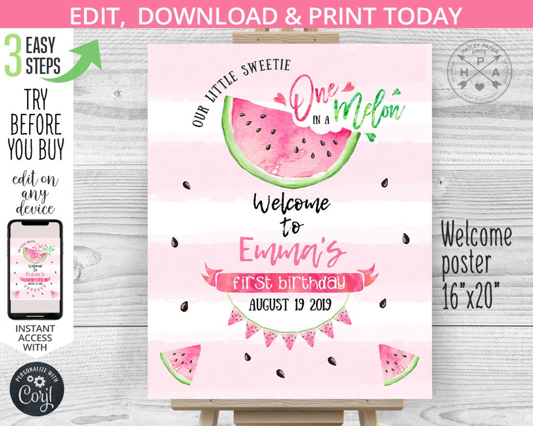 EDITABLE Watermelon Welcome Sign 1st First Birthday Party Poster 16x20 ...