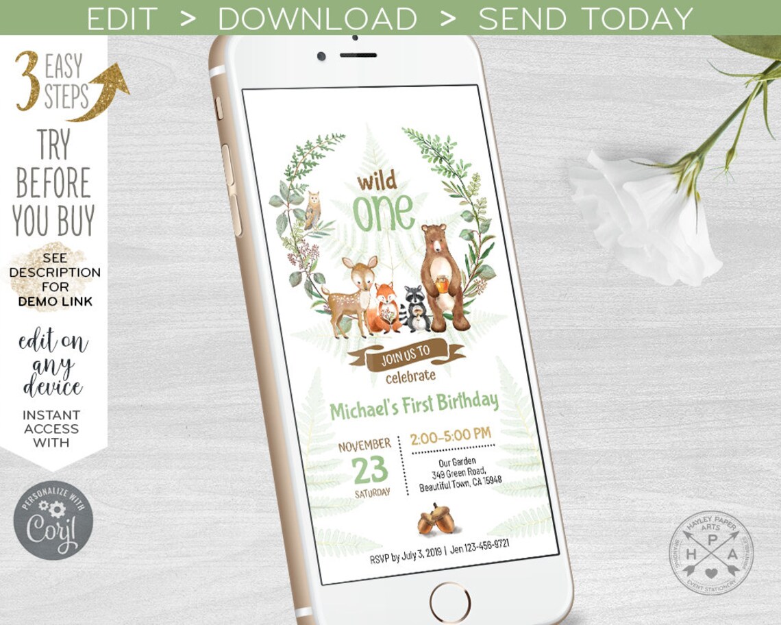 Woodland Wild One Electronic Invitation Forest Animals Birthday ...