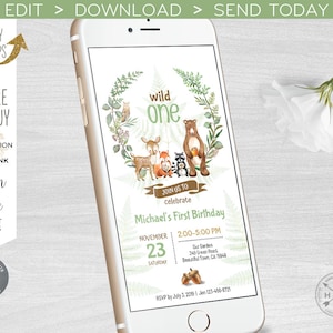 Woodland Wild One Electronic Invitation Forest Animals Birthday ...
