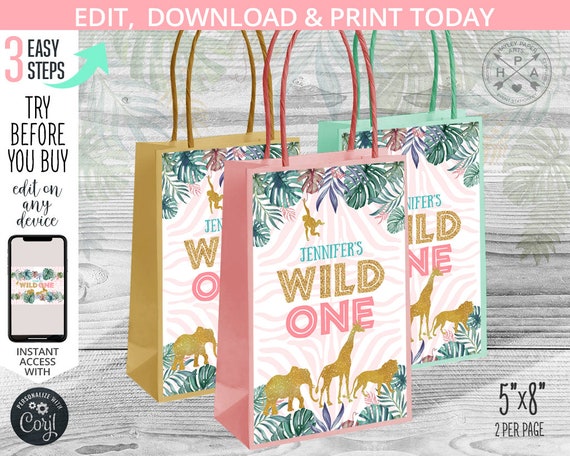 WILD ONE jungle party animals paper bag labels gold pink safari first ...