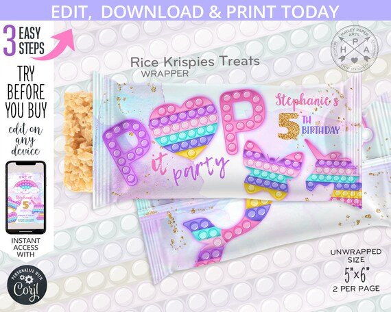 Pop it fidget toys rice krispies treats wrapper label, unicorn mermaid ...
