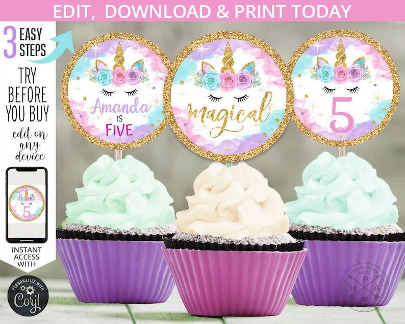 Unicorn Cupcake Toppers 2x2 Gold Magical Purple Pink First Any - Etsy