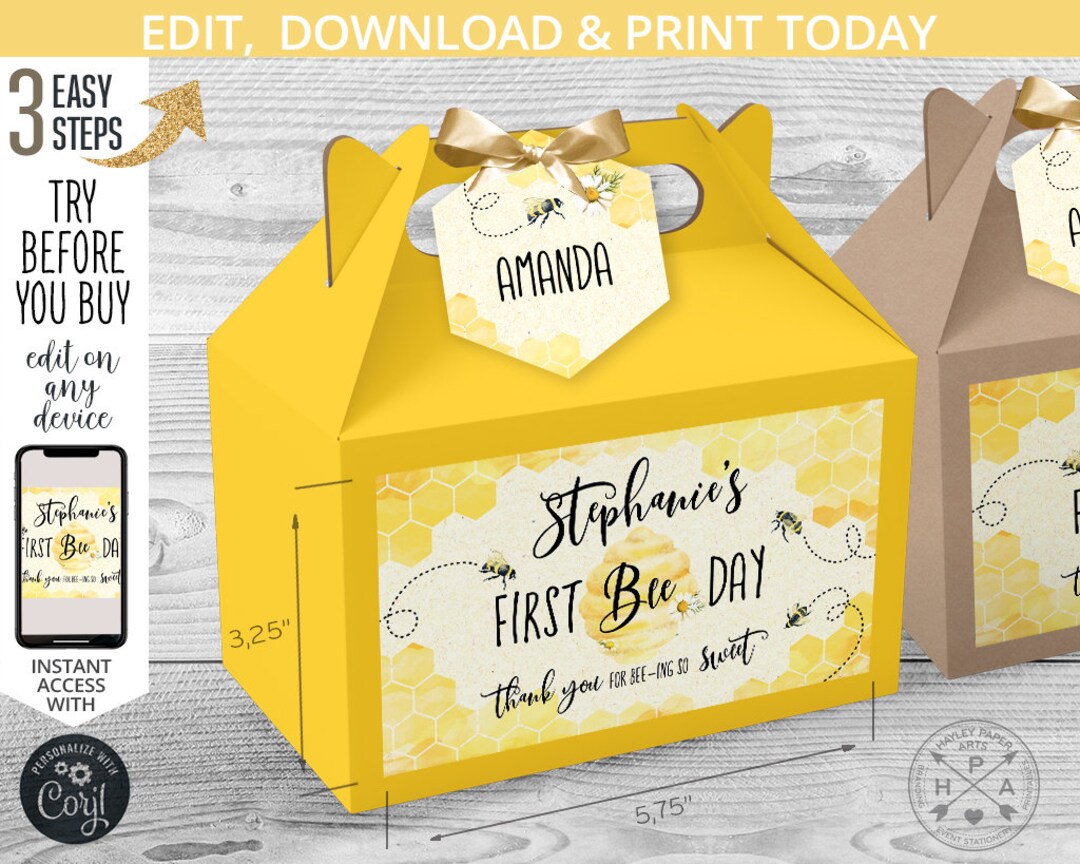 EDITABLE First Bee-day Gable Gift Box Labels and Tags. Bee Honey Sweet ...