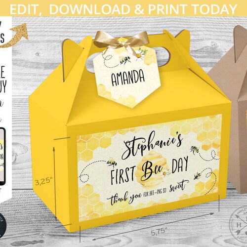 EDITABLE First Bee-day Gable Gift Box Labels and Tags. Bee | Etsy