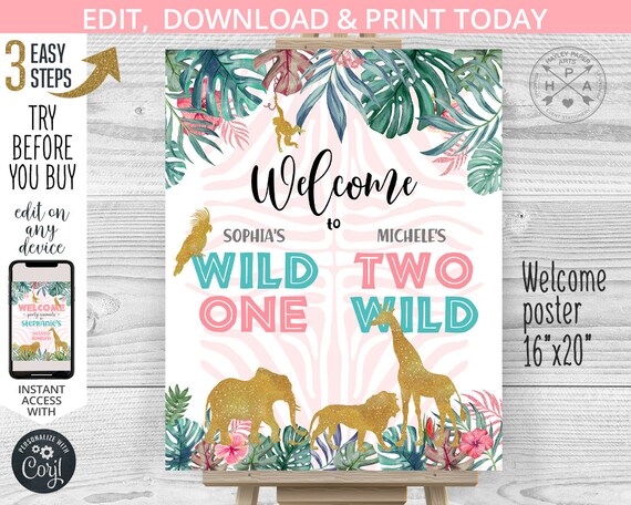 Jungle joint girls party welcome sign wild one two wild 1st first 2nd ...