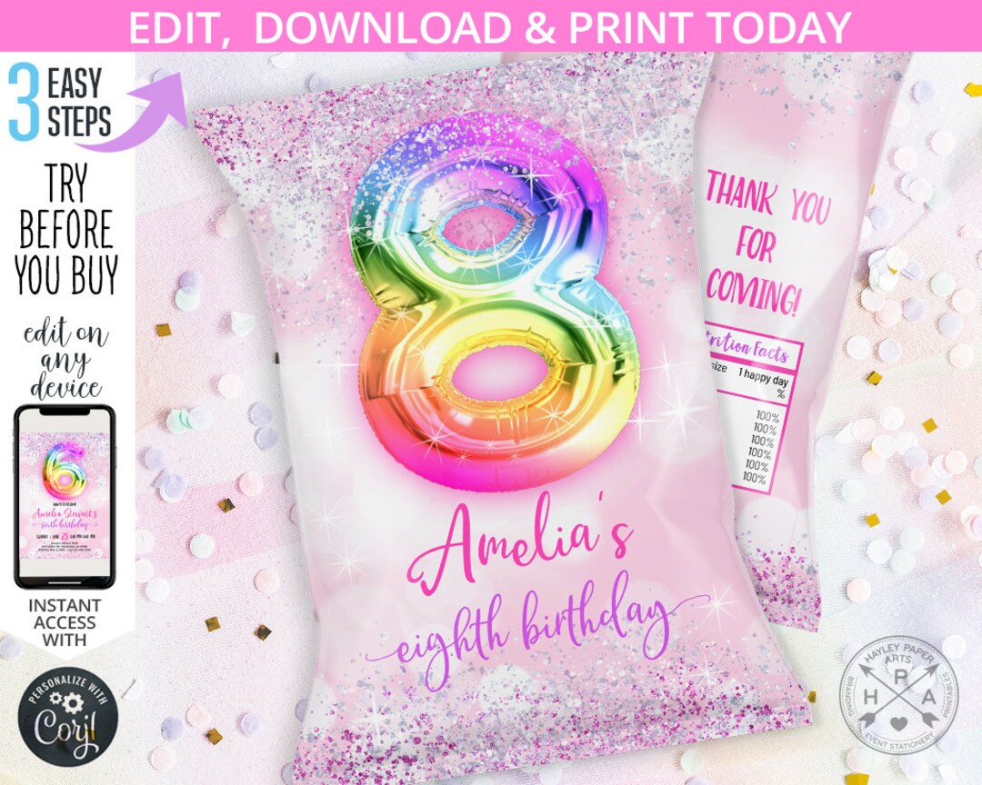 8th Birthday Chips Bag Rainbow Glitter Pink Foil Balloon Eighth Girl ...