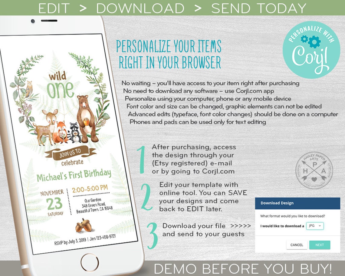 Woodland Wild One Electronic Invitation Forest Animals - Etsy