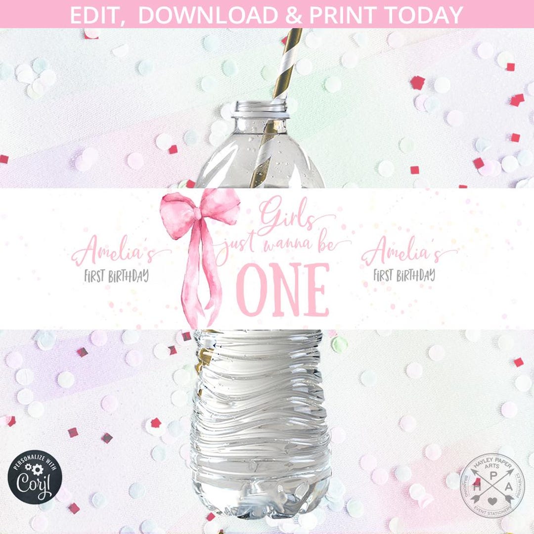 Pink Bow Water Bottle Label Girl Birthday Coquette Wanna Be ONE ...