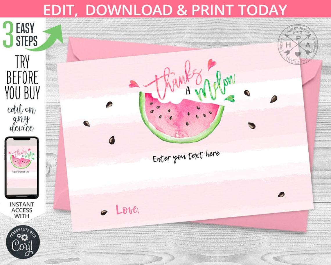 EDITABLE Watermelon Thank You Card Thanks a Melon One in a Melon Cards ...