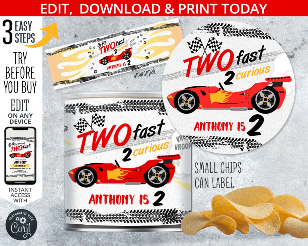 Two Fast Race Car Mini Chips Can Label Wrapper Cover 2 Birthday Snacks ...
