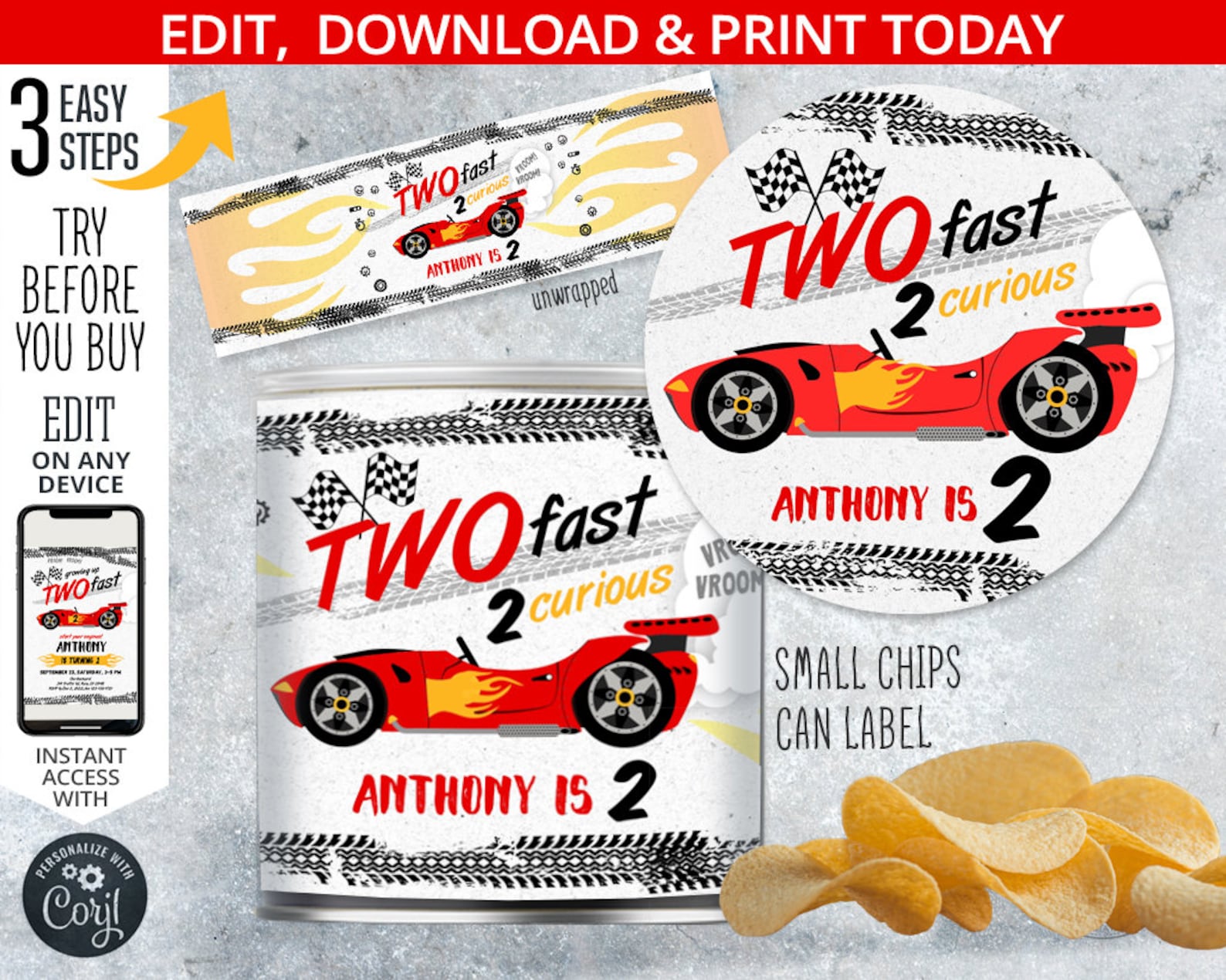 Two Fast Race Car Mini Chips Can Label Wrapper Cover 2 Birthday Snacks ...