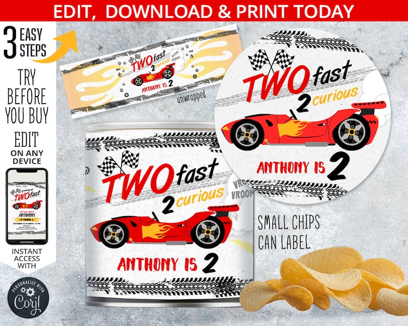 Two Fast Race Car Mini Chips Can Label Wrapper Cover 2 Birthday Snacks ...
