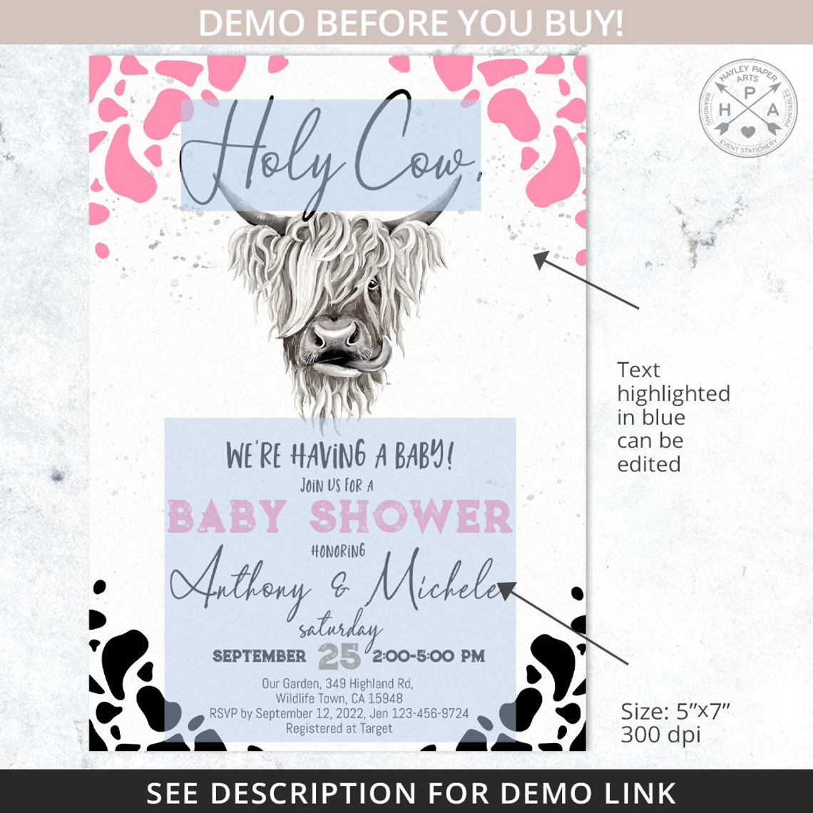 Holy Cow Baby Shower Invitation Highland Cow Boho Black Pink - Etsy