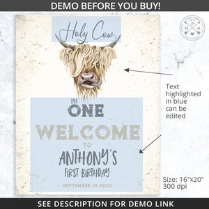 Holy Cow Welcome Sign First Birthday Cowgirl ONE Rustic Highland Cow ...