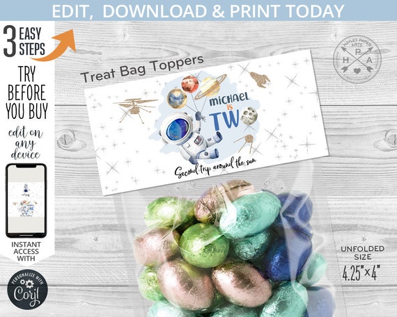 Outer space treat favor bag topper galaxy boy two the moon astronaut ...