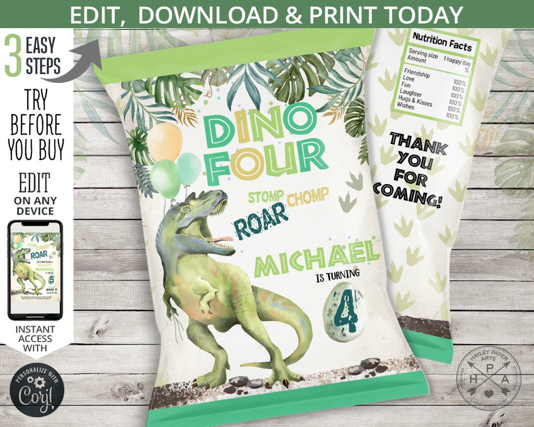 Dino Four Birthday Chips Bag T-rex Dinosaur Dino-mite Party Fourth ...