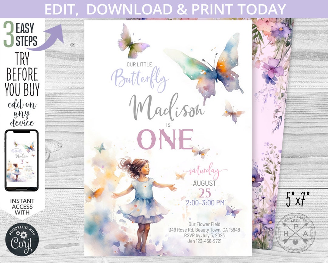 Butterfly First Birthday Invitation, Watercolor Little Butterflies ONE ...