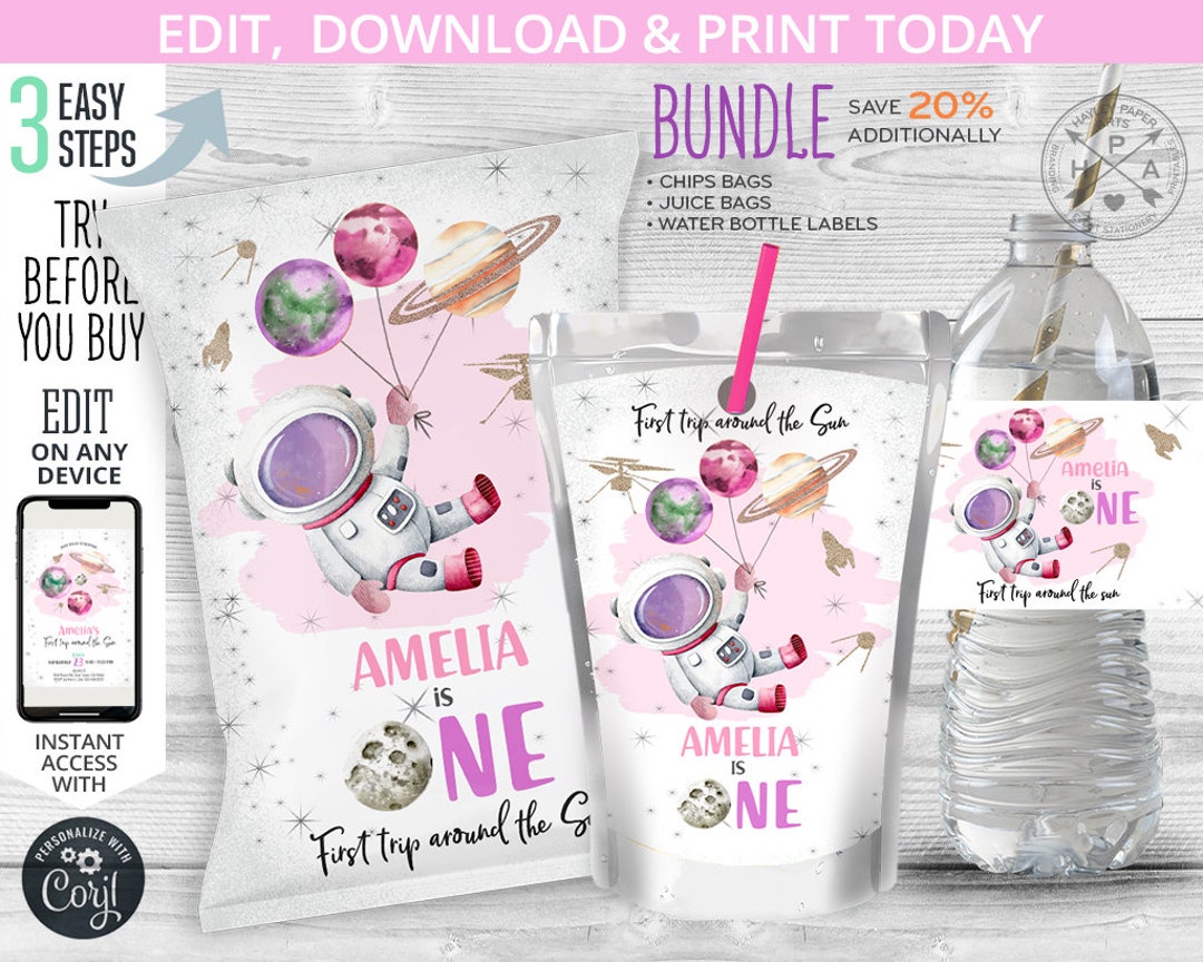 BUNDLE Outer Space Chips Bag, Juice Label, Water Bottle, Snacks Treats ...