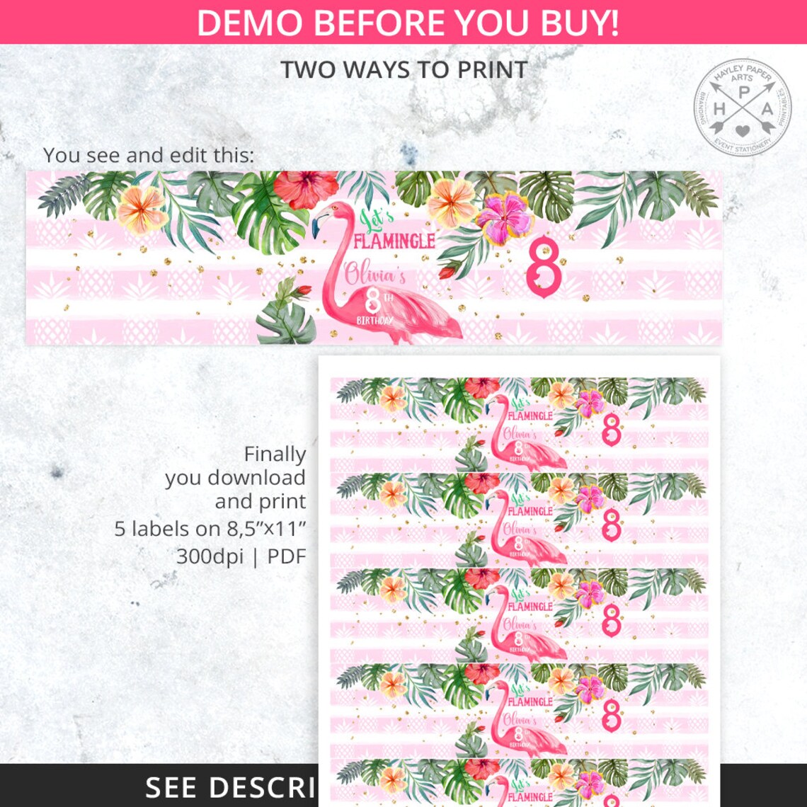 Flamingo Water Bottle Label Birthday Tropical Pineapple Pink - Etsy