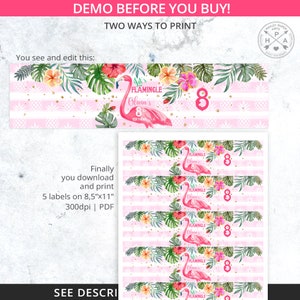 Flamingo Water Bottle Label Birthday Tropical Pineapple Pink Let's ...