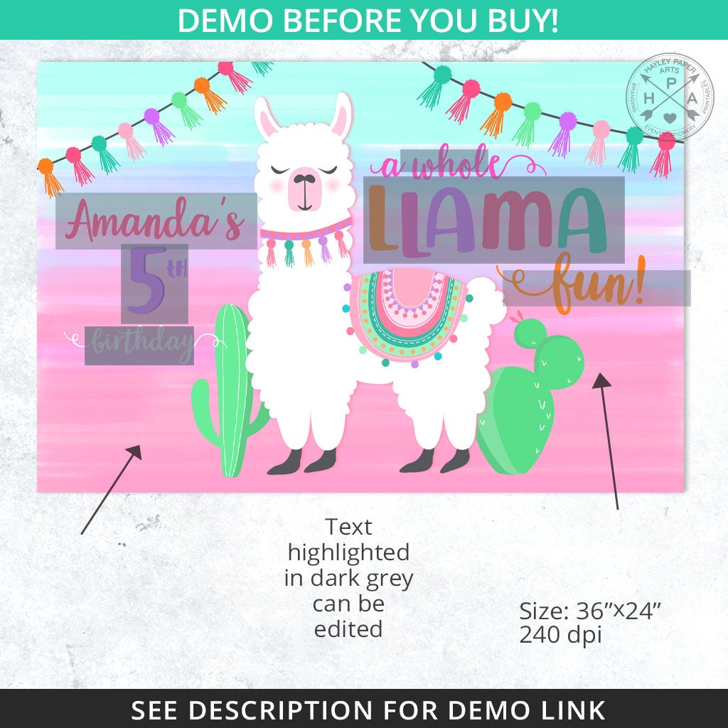 Llama Birthday Table Backdrop 36x24 Purple Pink Girl Fiesta Taco Party ...