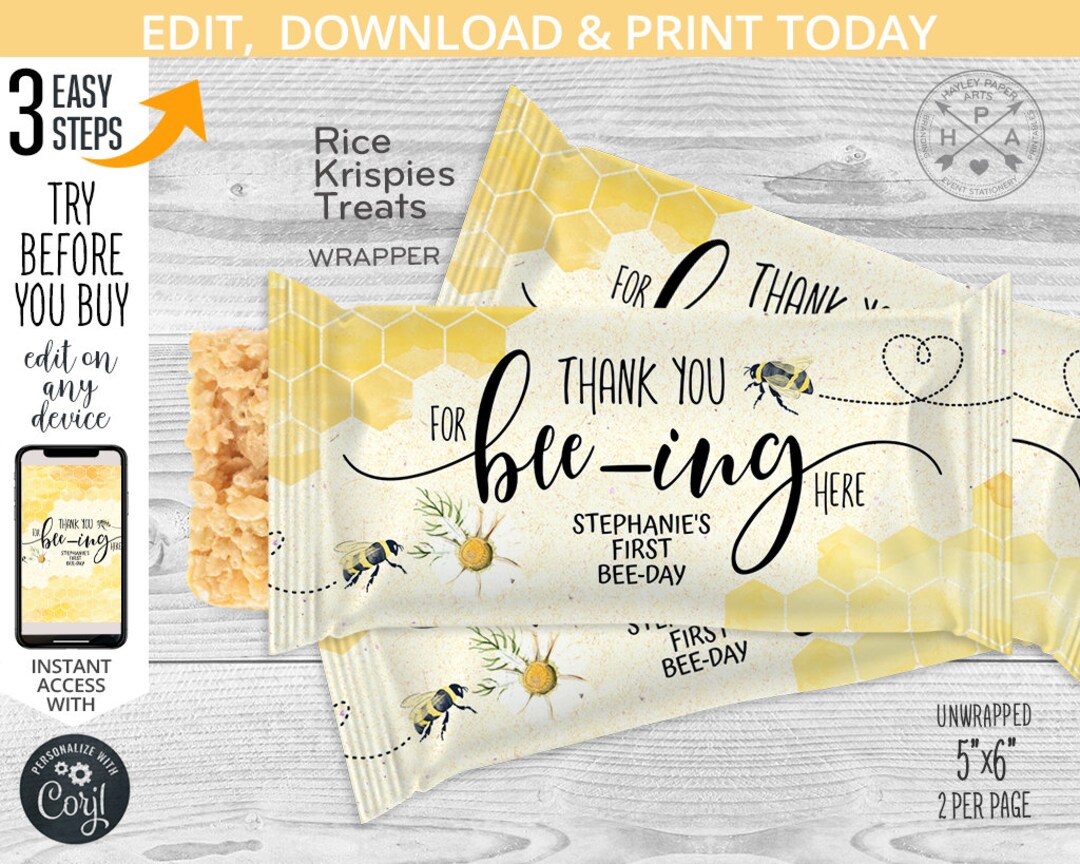 Bee Day Rice Krispies Treats Wrapper Label, Bee-ing First Birthday ...