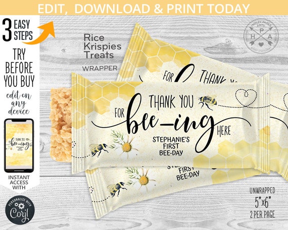 Bee day rice krispies treats wrapper label, bee-ing first birthday ...